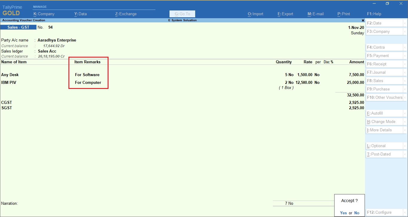 82 | Display Stock Item Remarks In Voucher Entry | Auto Email to Self ...