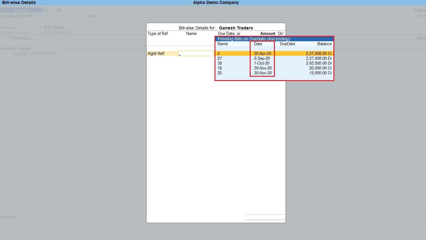 266 | Sort Date wise Pending Bills in Bill Allocation