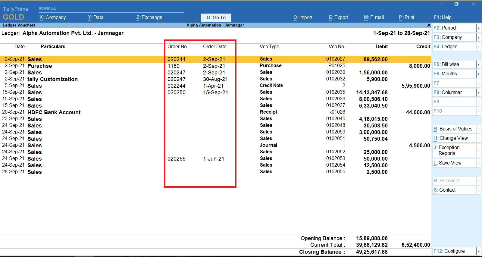 144 | Order Number & Date in Ledger Statement and Voucher Register