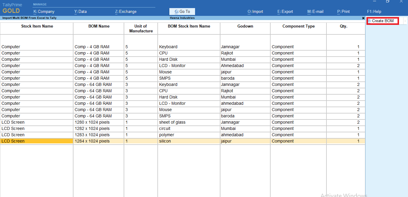 289 | Import Bill of Material of Stock Item From Excel to tally