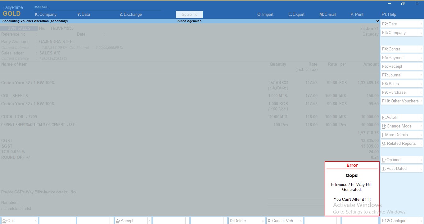 334 | E-Invoice and E-Way Bill Generated Voucher Alteration Control