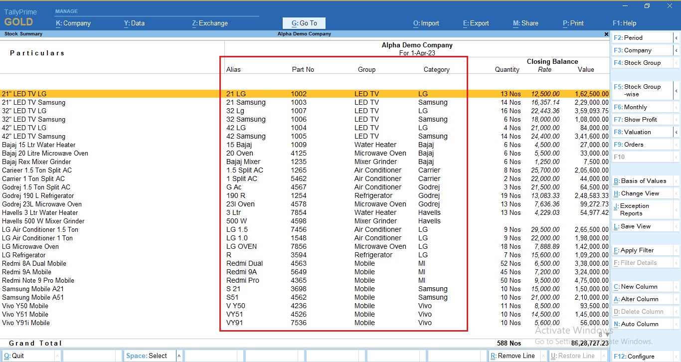 349 | Display Item PartNo, Alias, Group & Category in Stock Summary ...