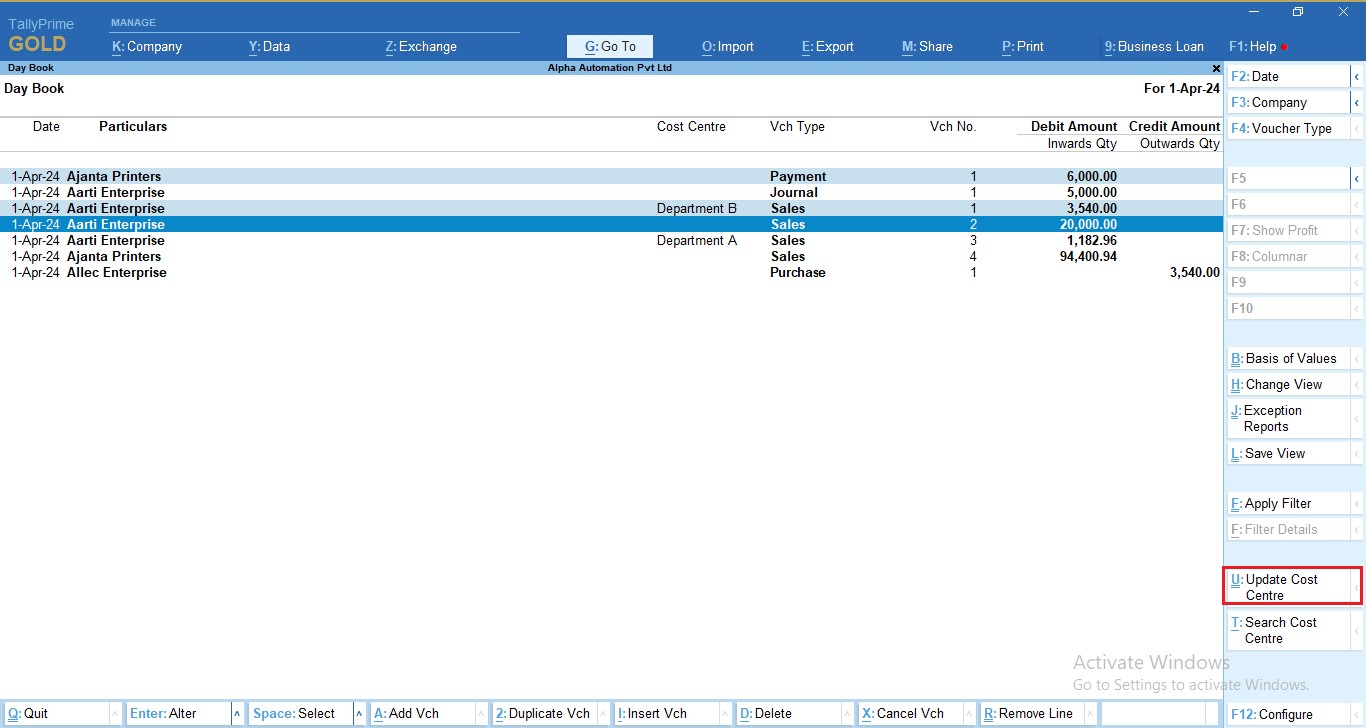 421 | Update Cost Centre for Multiple Vouchers from Daybook